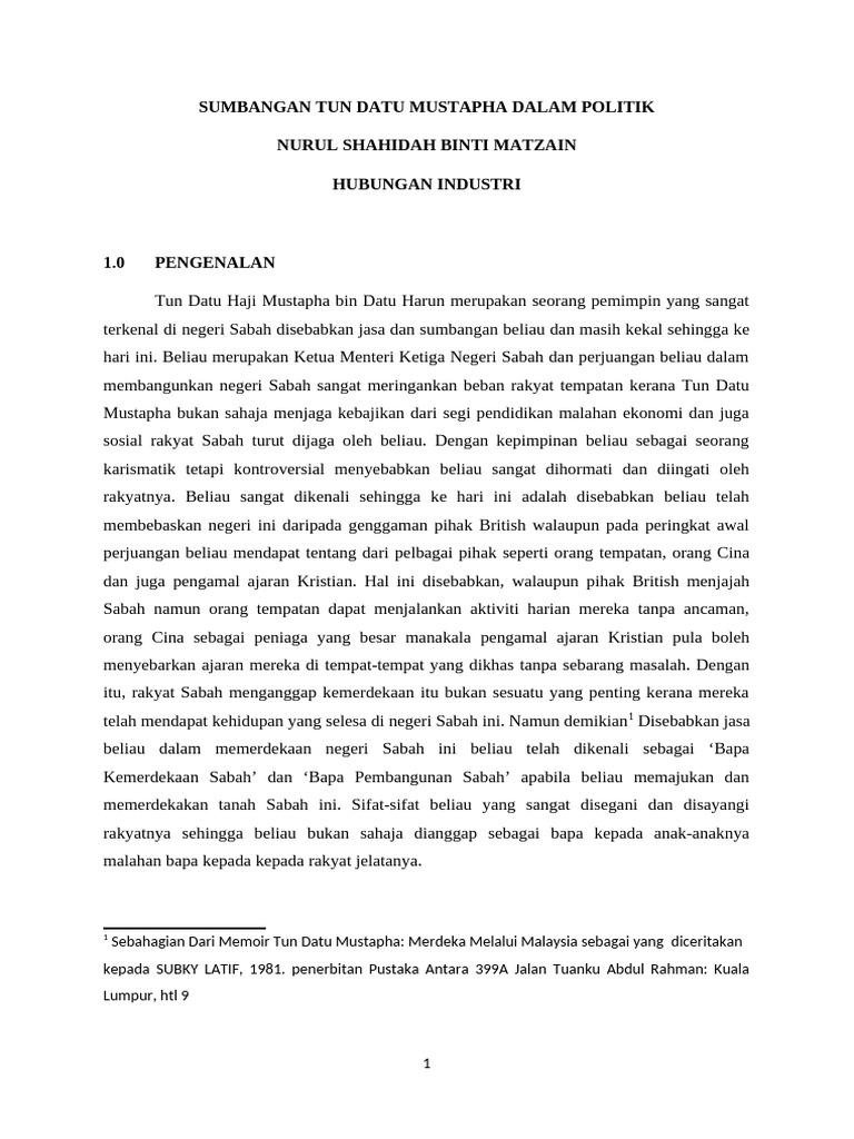 Tun Datu Mustapha Bind at Uh J Harun | PDF