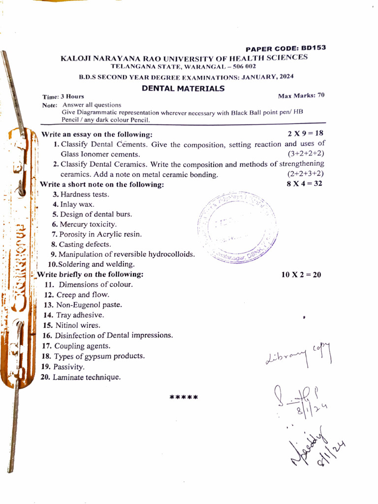 Dental Materials - PYQ Papers | PDF