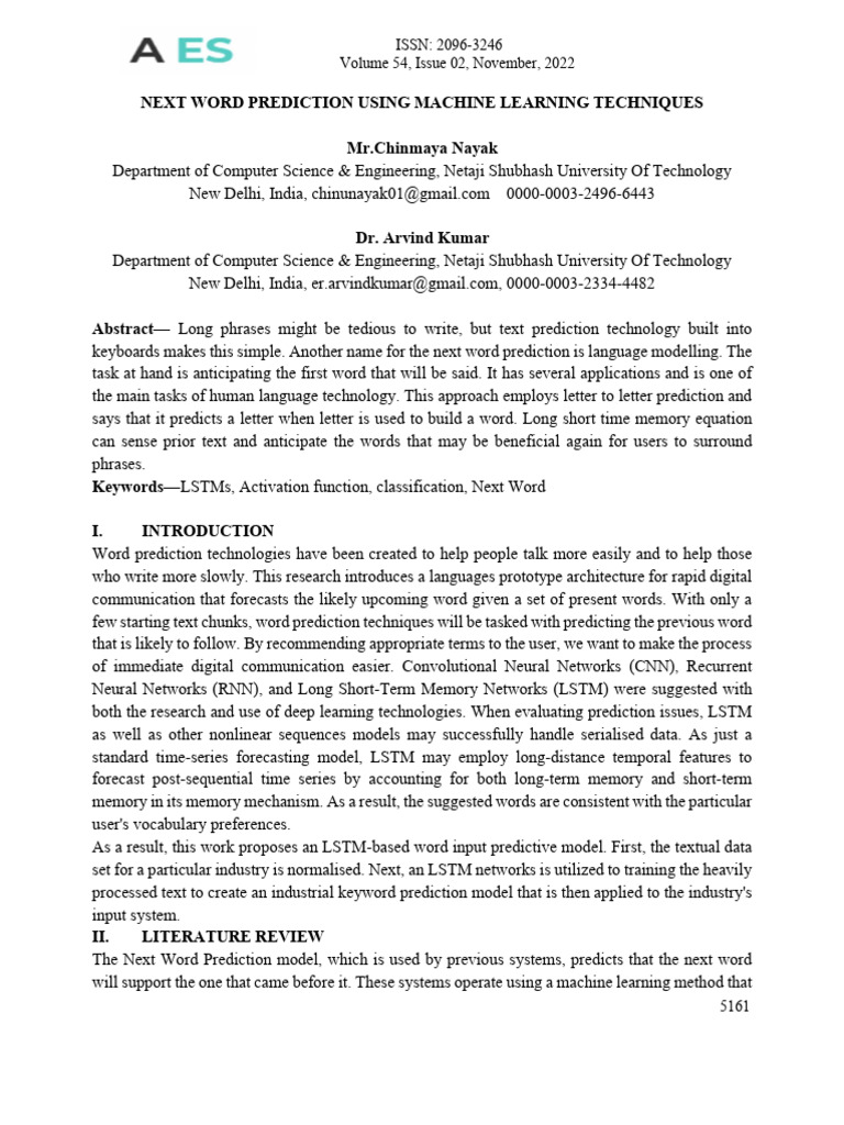 Next Word Prediction Using Machine Learning Techniques MR - Chinmaya ...