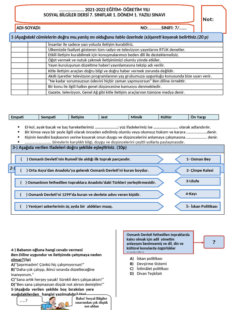 7 Sinif-Sosyal-1 Donem1 - Yazili | PDF
