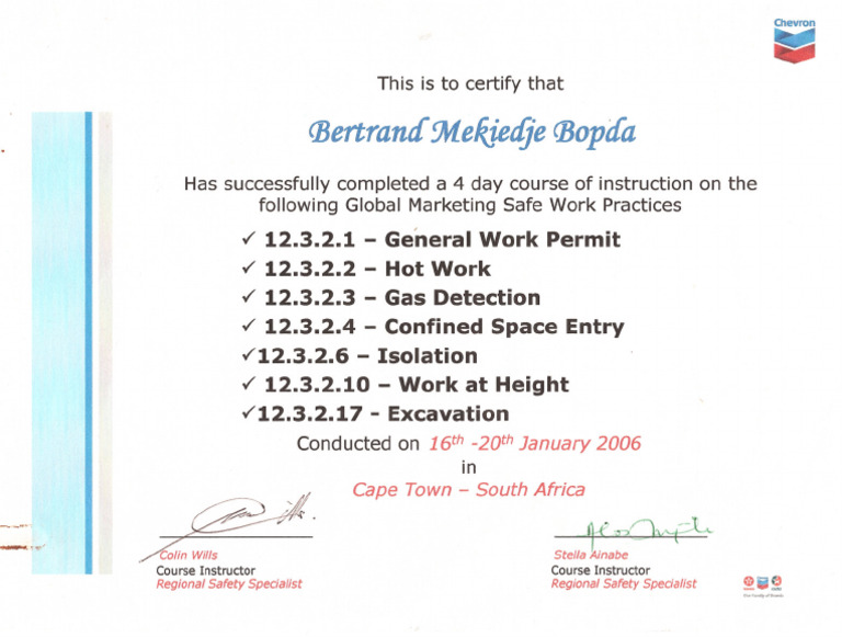 Chevron - Certificate Bertrand Safe Work Practice | PDF