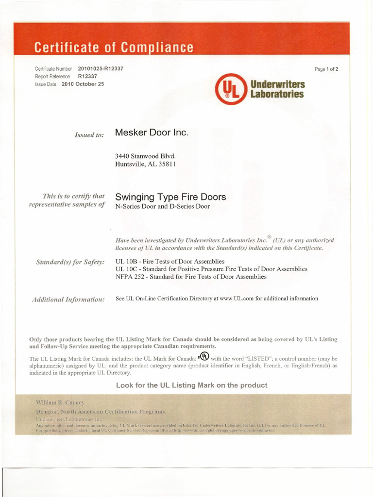 UL_Certificate of Compliance_Doors | PDF