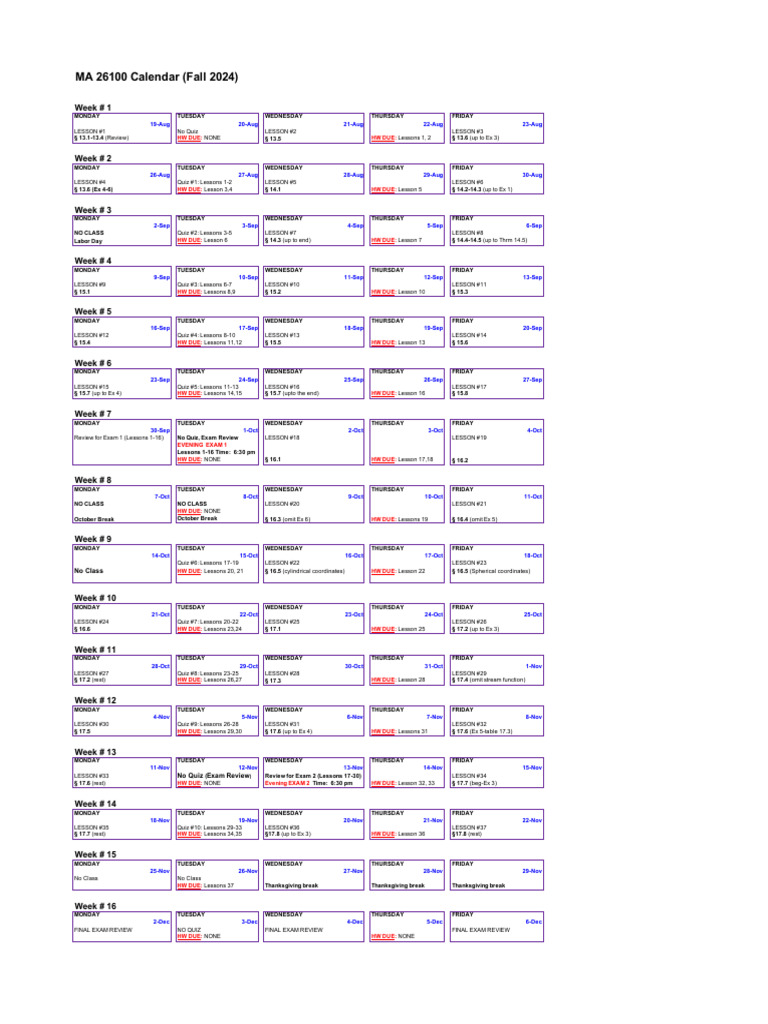 MA 261 Calender | PDF
