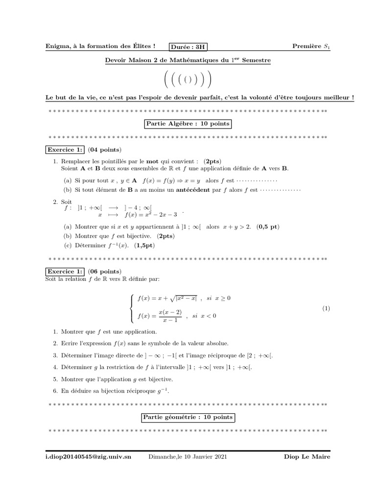 Devoir 1S Maths 1 | PDF