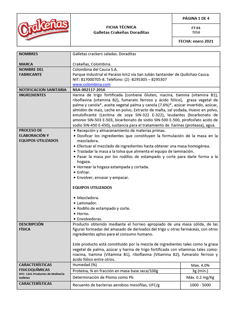 Galletas Crackers Doraditas - Ficha Tecnica y Reg Invima | PDF