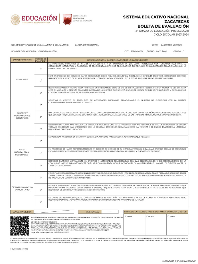 Boleta Preescolar | PDF