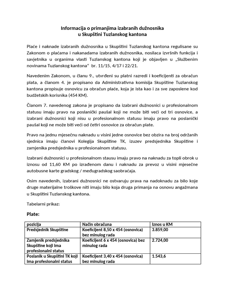 Informacija o Primanjima Izabranih Dužnosnika | PDF