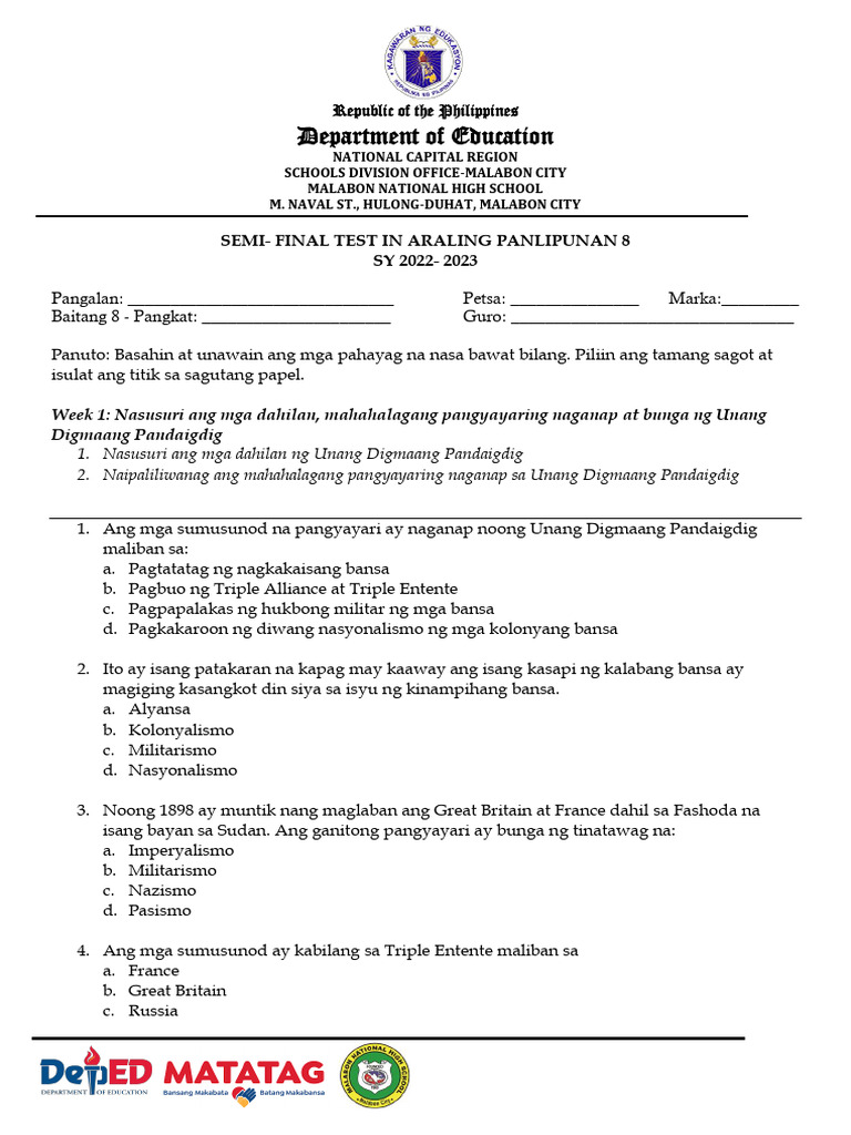 Semi Final Test in Ap8 2023 - 2024 | PDF