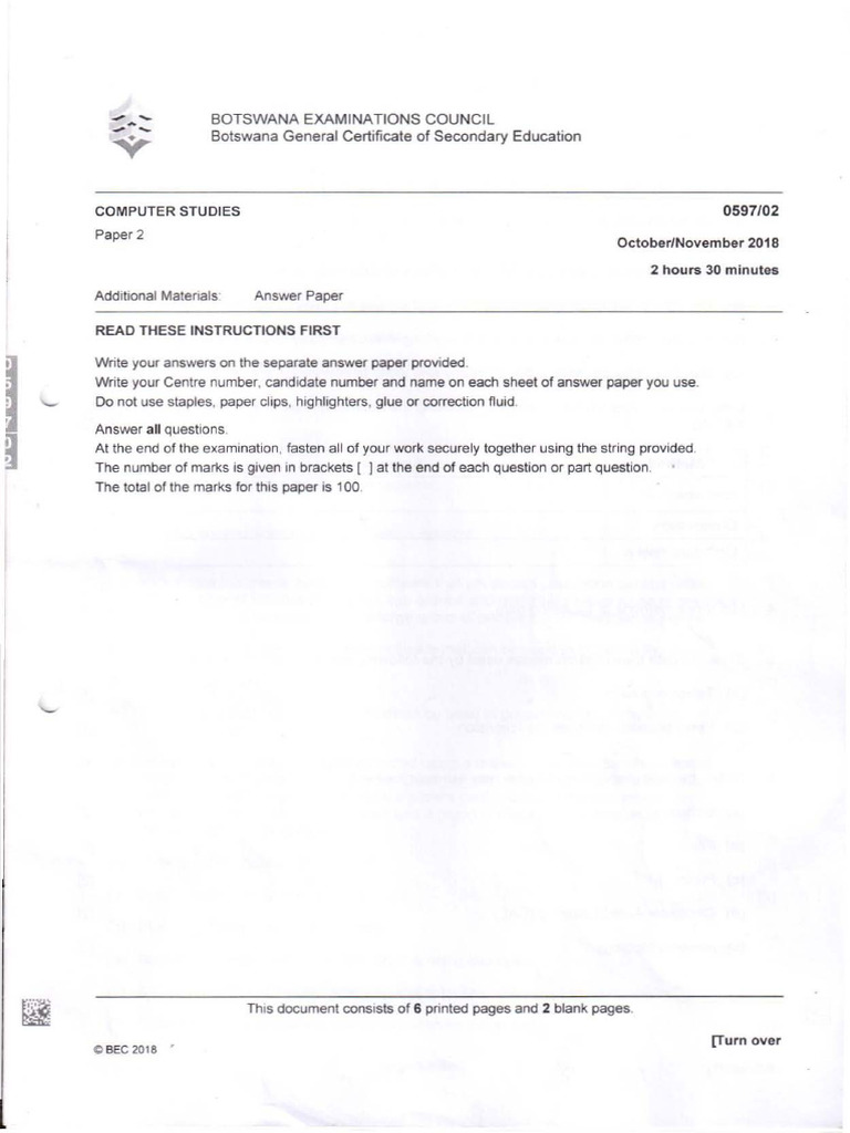 Computer Studies Bec Exam Question Papers | PDF