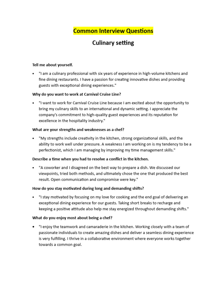 Common Interview Questions-Culinary Setting | PDF