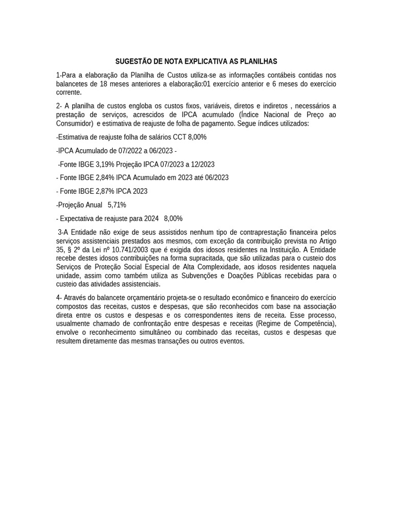 Sugestão de Nota Explicativa As Planilhas | PDF