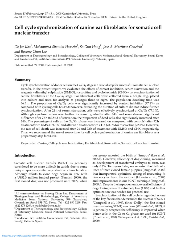 Cell Cycle Synchronization of Canine Ear Fibroblasts For Somatic Cell Nuclear Transfer | PDF
