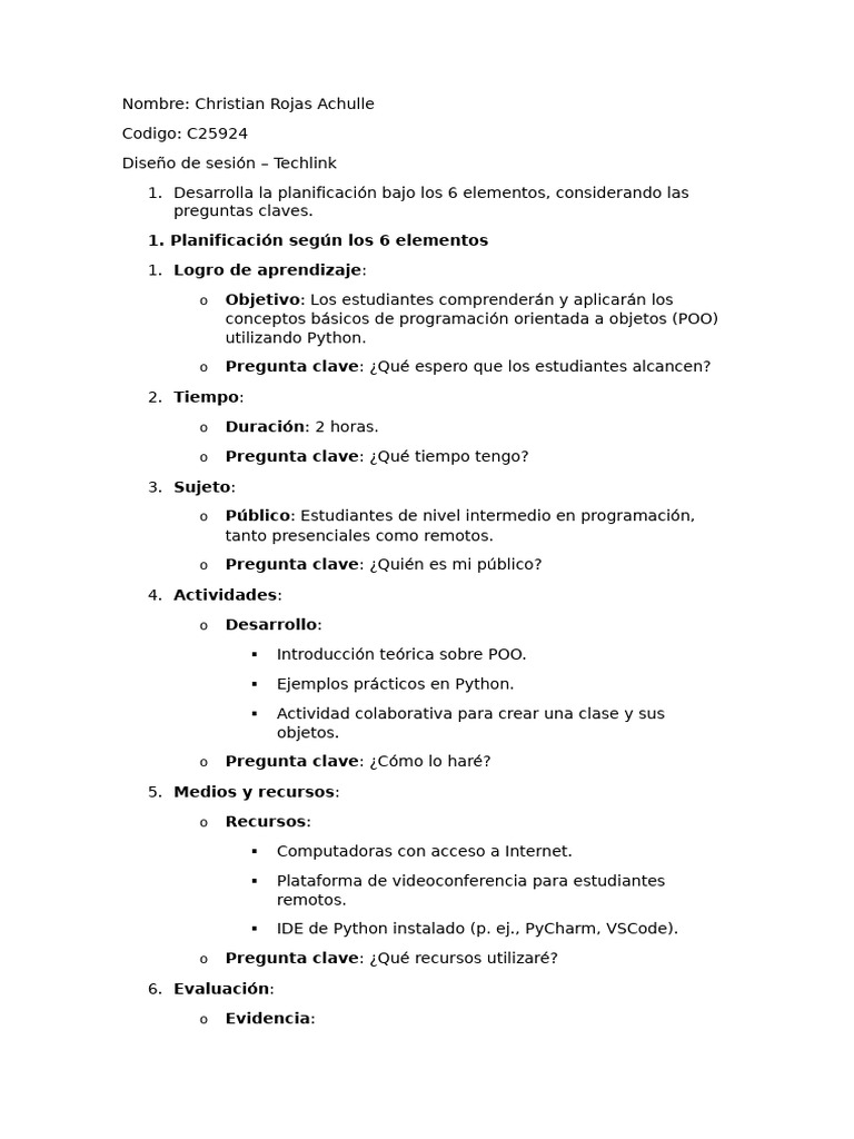 Dieño de Sesion Techlink | PDF