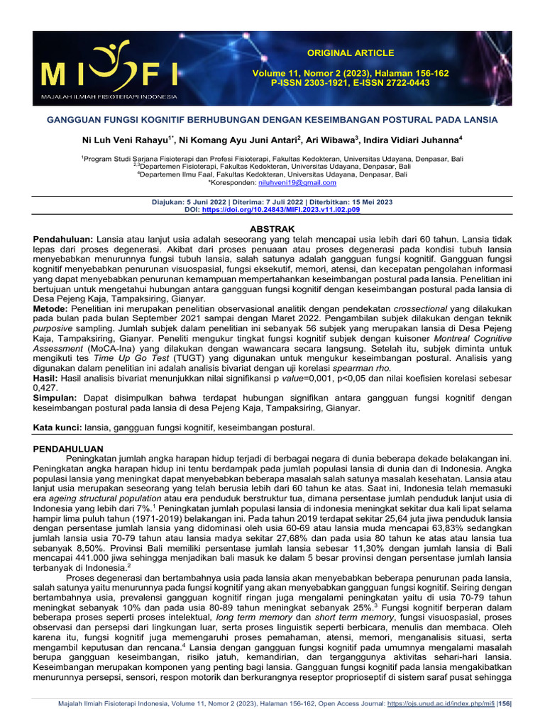 Gangguan Fungsi Kognitif Berhubungan Dengan Keseimbangan Postural Pada Lansia | PDF