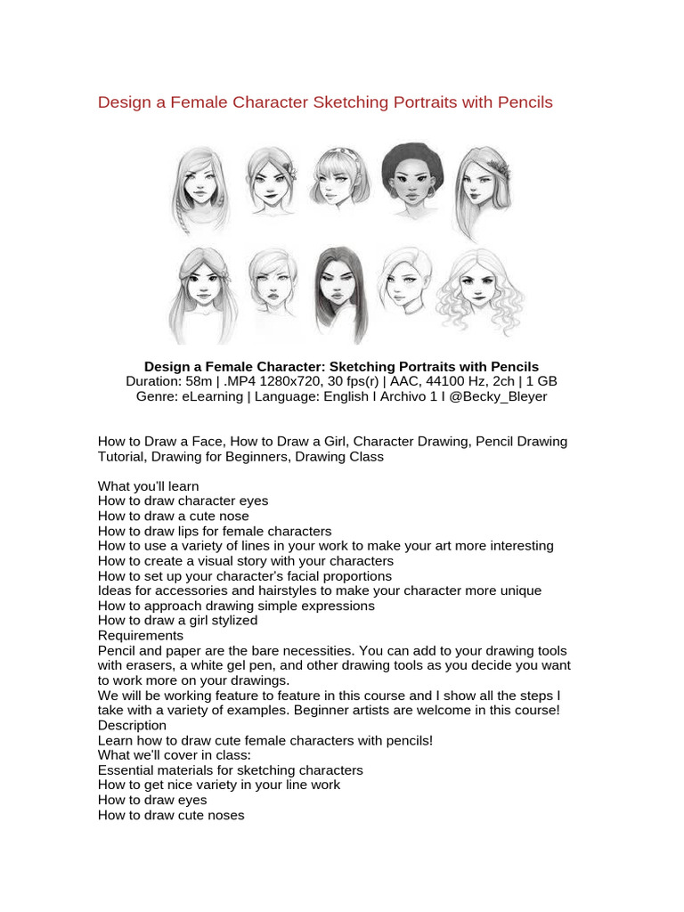 Design A Female Character Sketching Portraits With Pencils | PDF