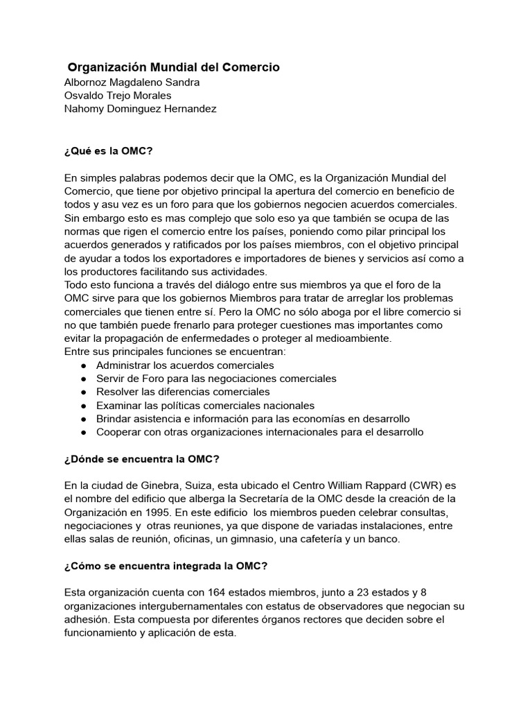 Organización Mundial Del Comercio: ¿Qué Es La OMC? | PDF