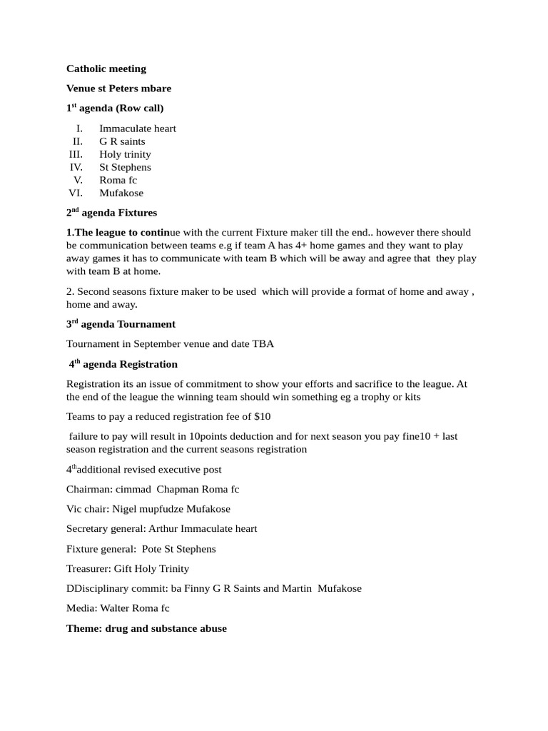 Catholic Meeting Venue ST Peters Mbare 1 Agenda (Row Call) | PDF