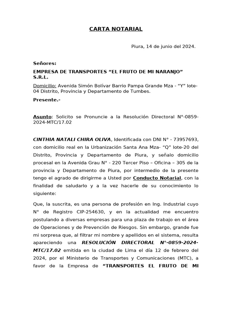 Ii - Carta Notarial Cinthia | PDF | Finance & Money Management | Law