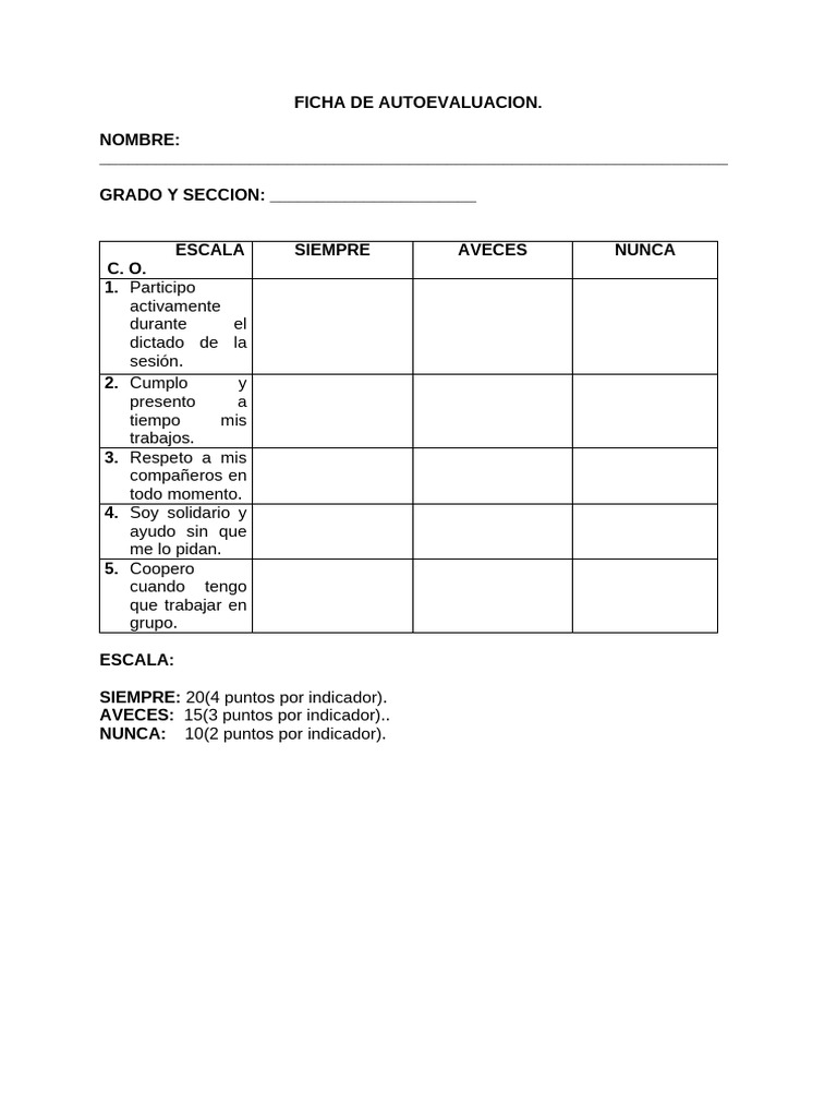 FICHA DE AUTOEVALUACION | PDF