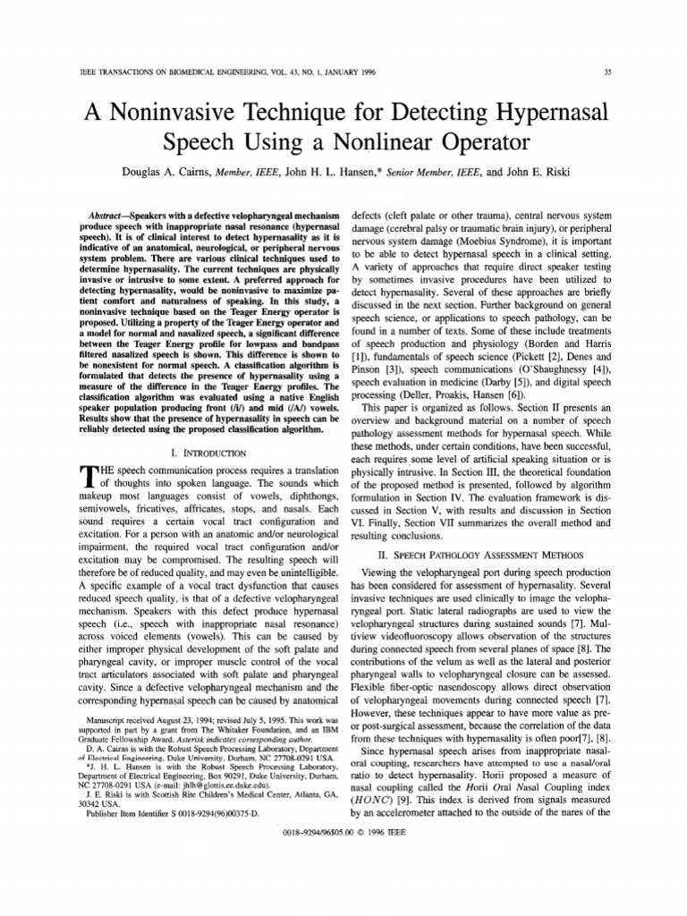 A Noninvasive Technique For Detecting Hypernasal Speech Using A Nonlinear Operator | PDF