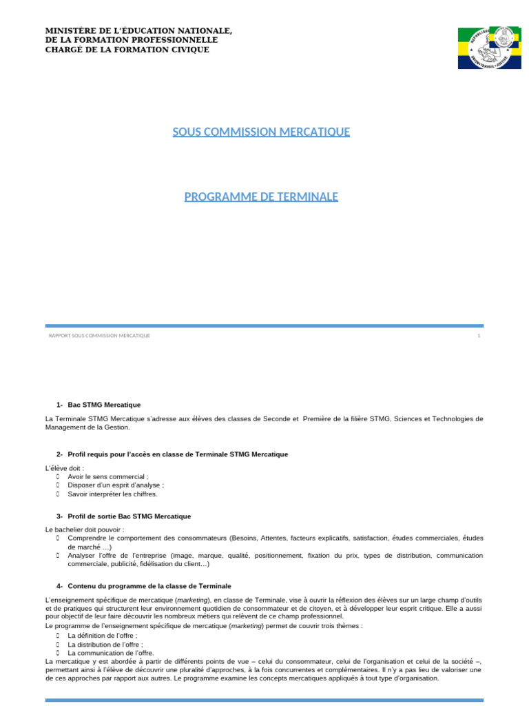 Programme Mercatique Terminale STMG | PDF | Commercialisation | Marché ...