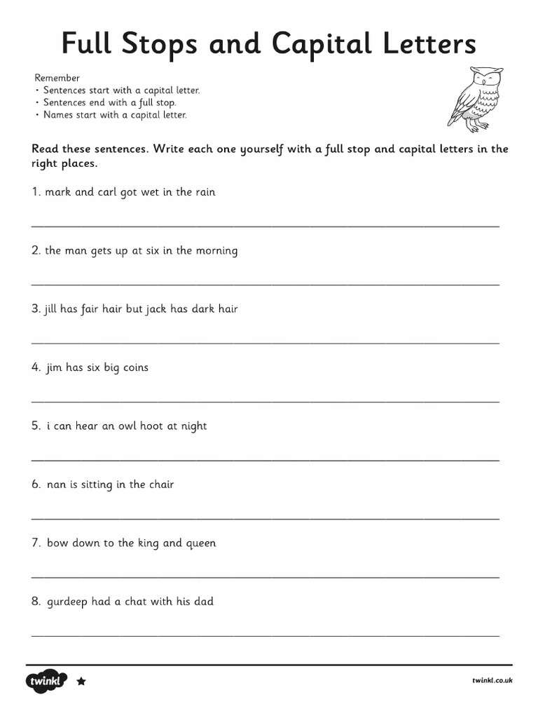 T L 5183 Capital Letters and Full Stops With Phase 3 Words Activity Sheet | PDF