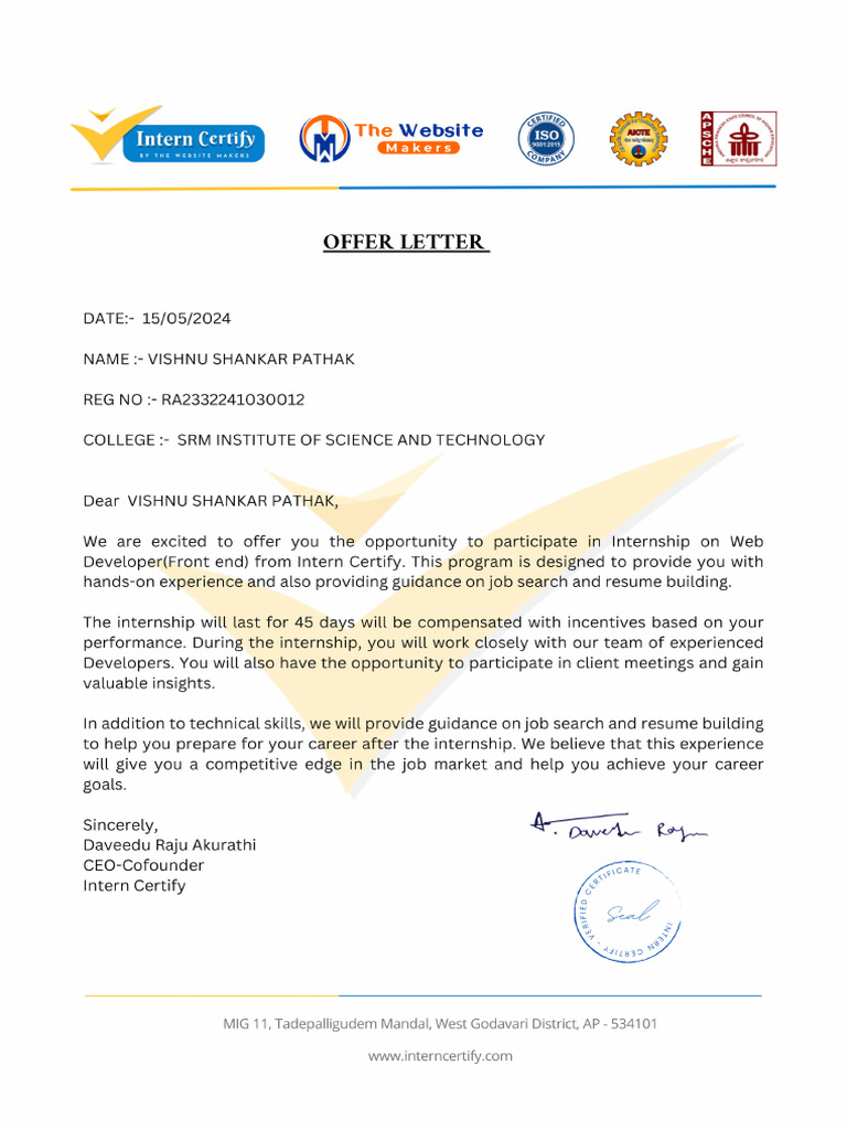 Offer Letter From Intern Certify - 20240714 - 181307 - 0000 | PDF