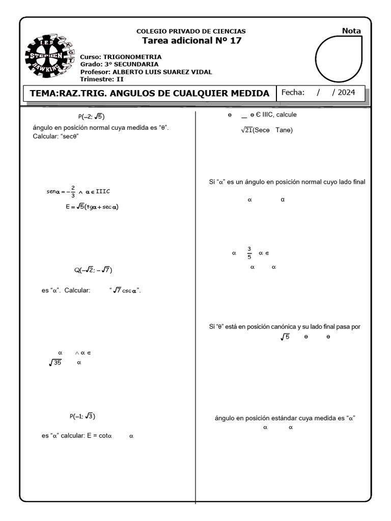 Tarea Adicional N°17 Trigo. 3° Sec. Razones Trigo. Angulos de Cualquier Medida Hawking 2024 | PDF