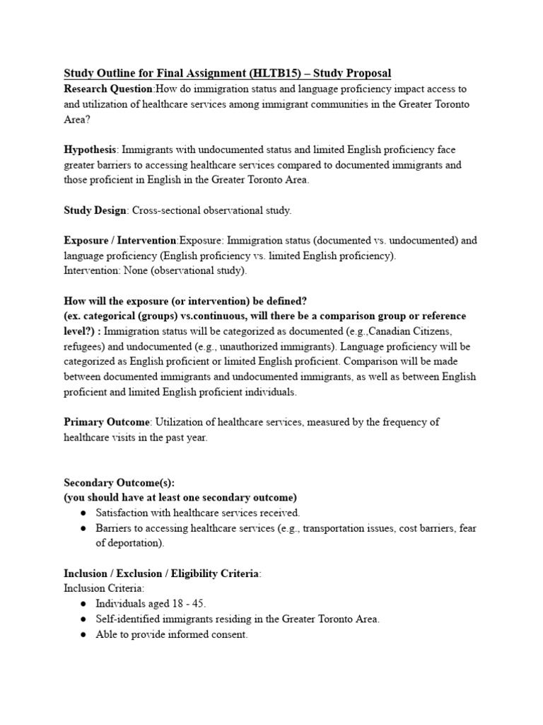 Study Outline For Final Assignment (HLTB15) - Study Proposal | PDF
