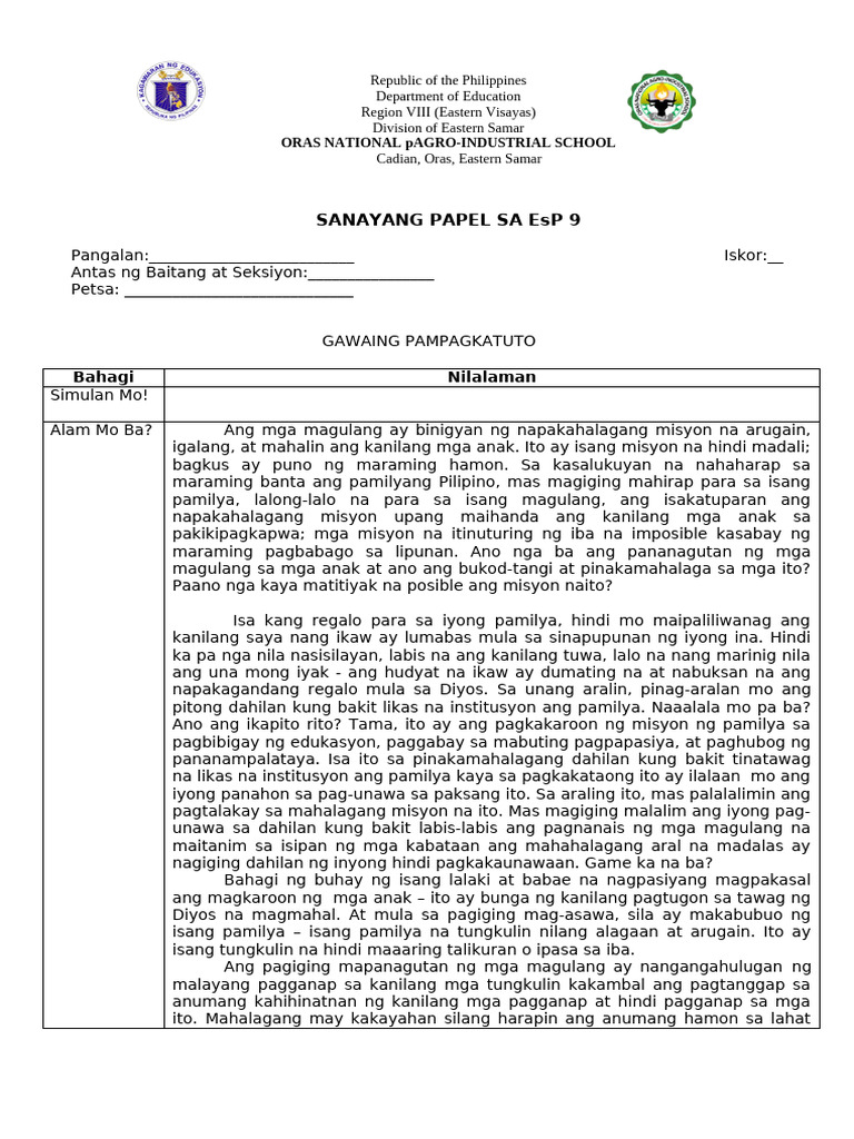 Bahagi NG Sanayang Papel Sa EsP8 Q3 | PDF