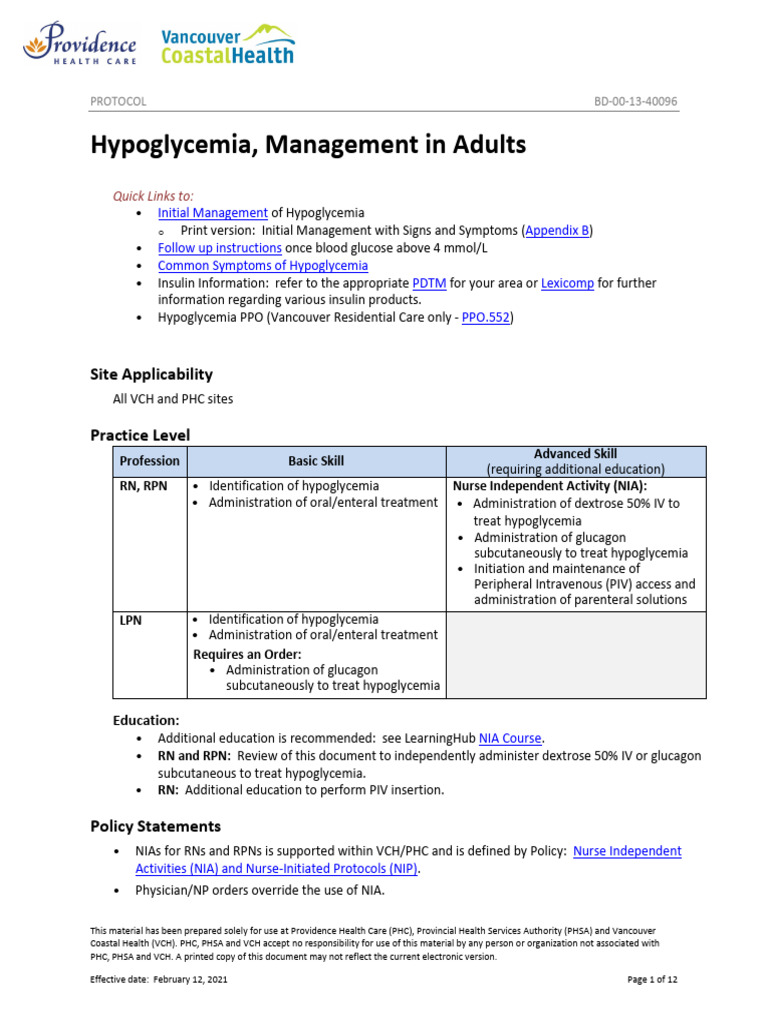 Hypoglycemia Protocol | PDF
