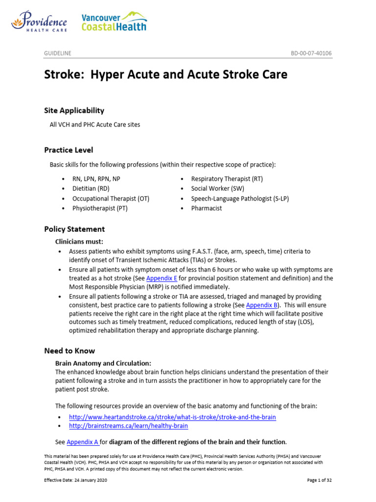 VCH Stroke Acute Care Guideline | PDF
