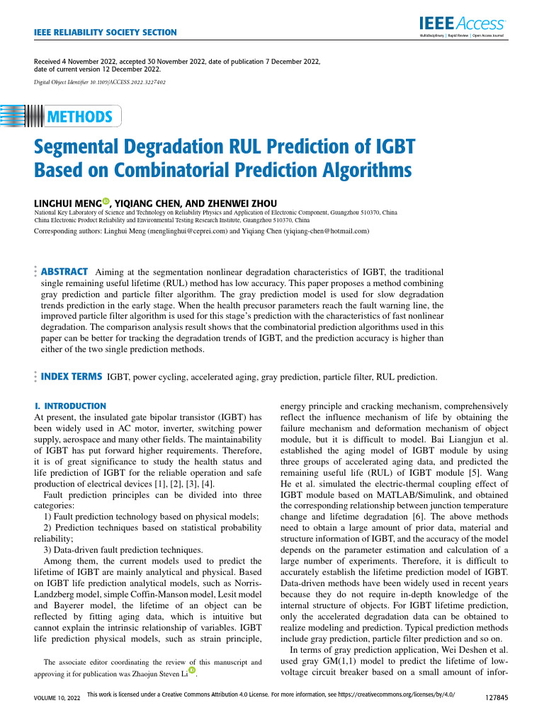 Segmental Degradation RUL Prediction of IGBT Based On Combinatorial Prediction Algorithms | PDF