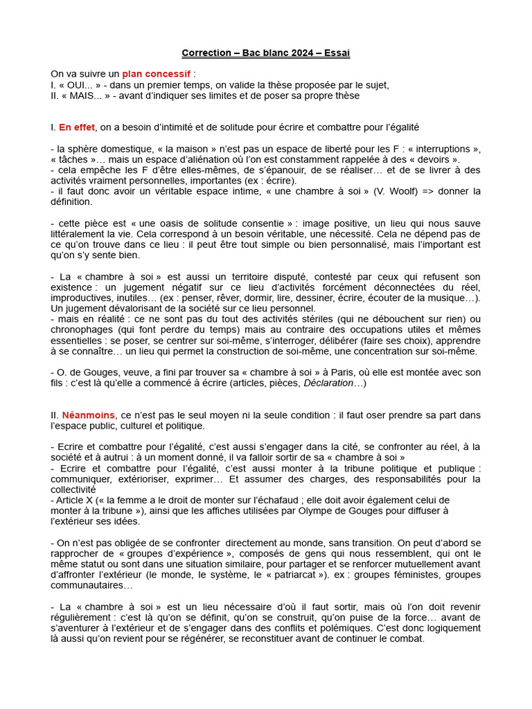 8 - Corrigé de L'essai - Bac Blanc - Olympe de Gouges | PDF