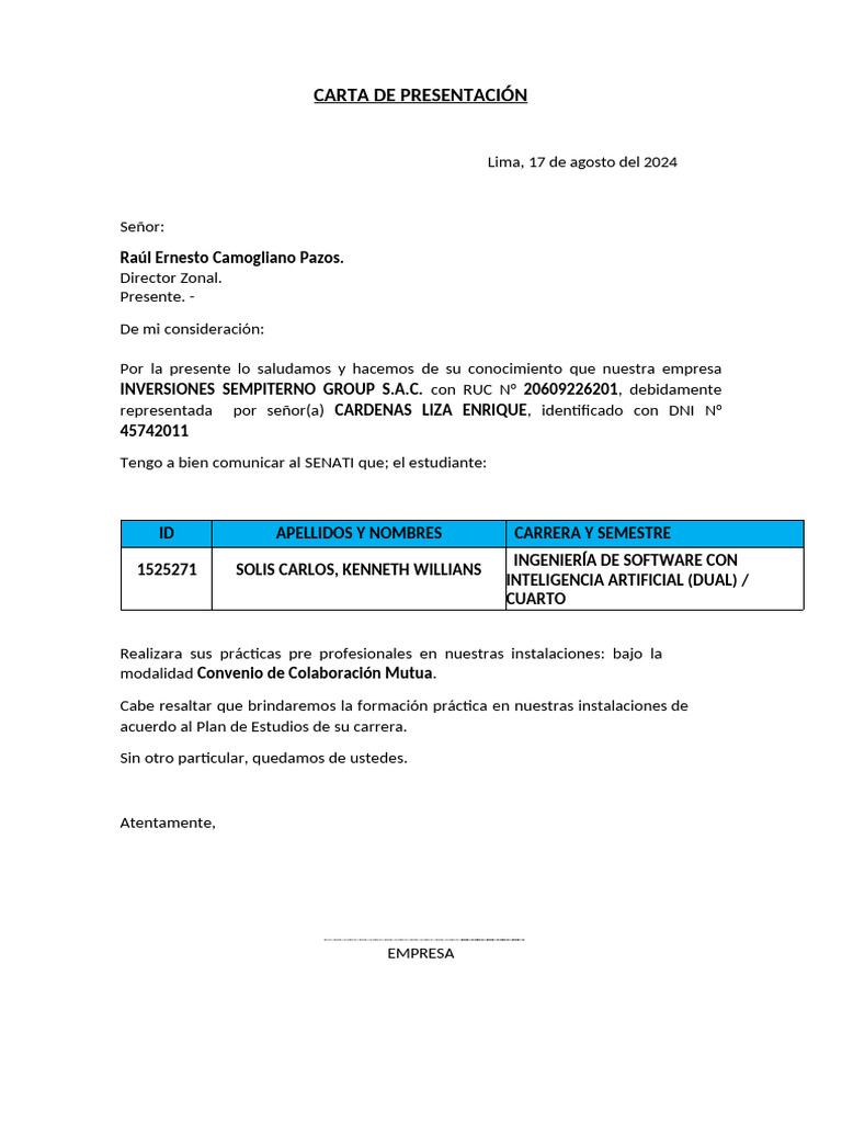 Solis Carlos, Kenneth Willians Carta | PDF