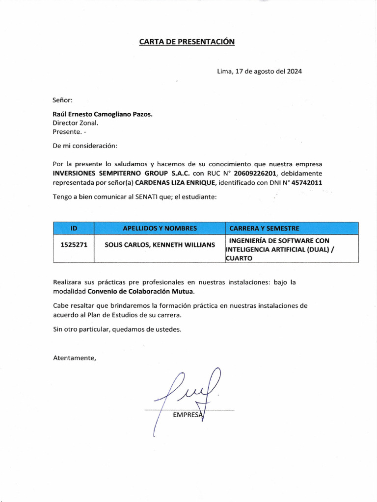 Solis Carlos, Kenneth Willians Carta | PDF