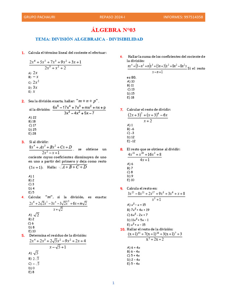 Álgebra N°03 - División y Divisibilidad-Repaso 2024 I | PDF