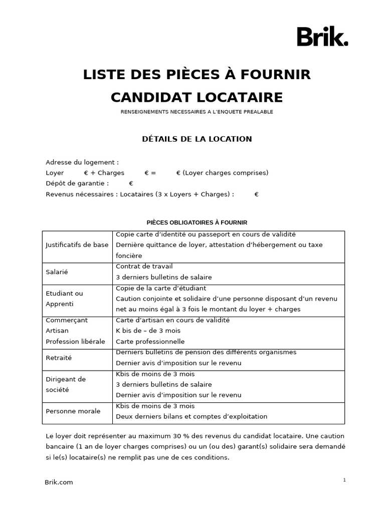 Fiche Renseignements Locataire Brik | PDF