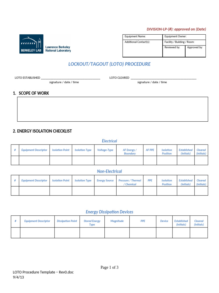 LOTO Procedure Template - Rev0 | PDF