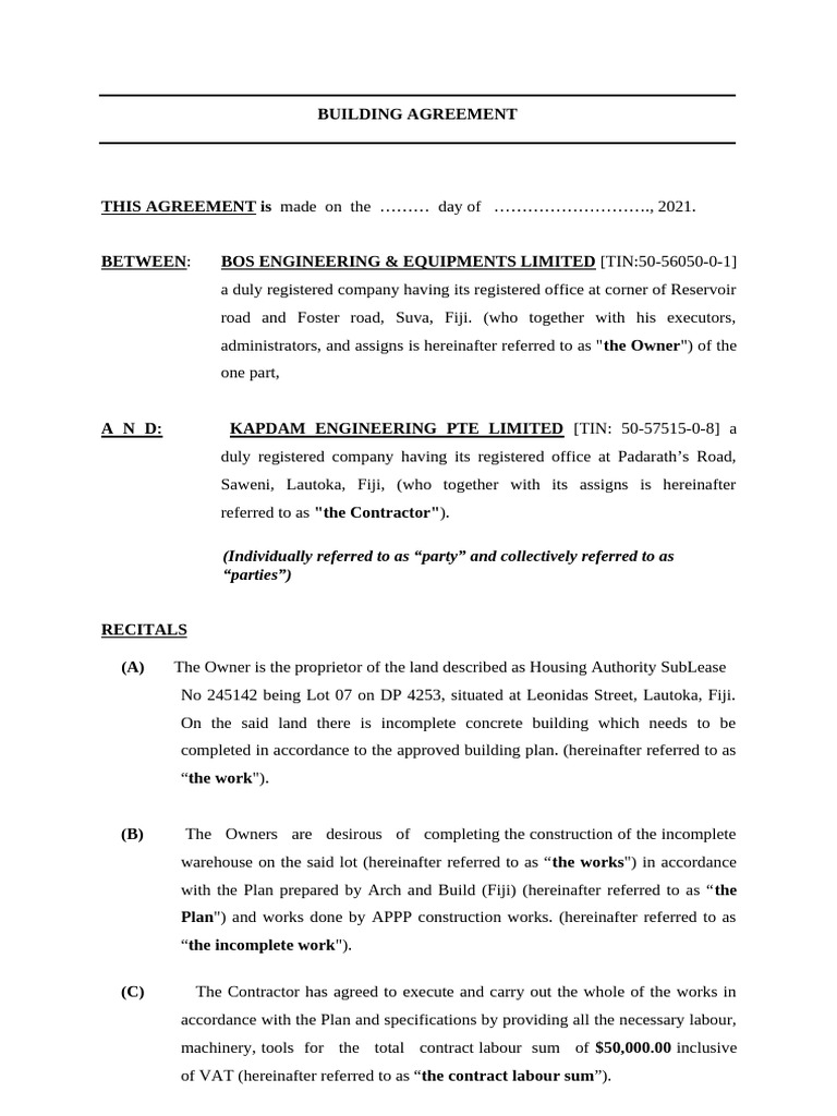 Building Contract Draft Bos Engineering | PDF