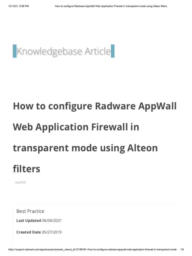 How To Configure Radware AppWall Web Application Firewall in Transparent Mode Using Alteon ...