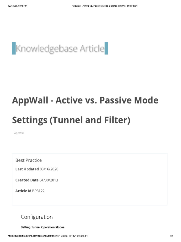 AppWall - Active vs. Passive Mode Settings (Tunnel and Filter) | PDF