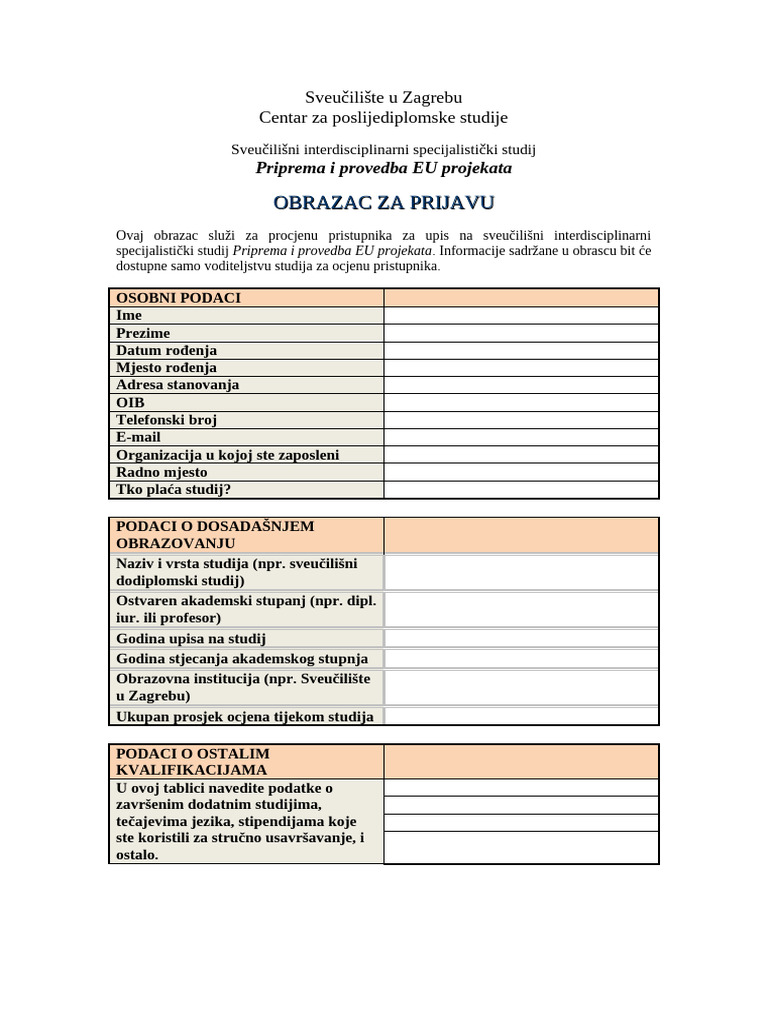 Priprema I Provedba EU Projekata - Obrazac Za Prijavu 2024 | PDF