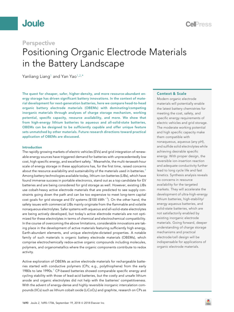 Positioning Organic Electrode Materials in The Battery Landscape | PDF ...