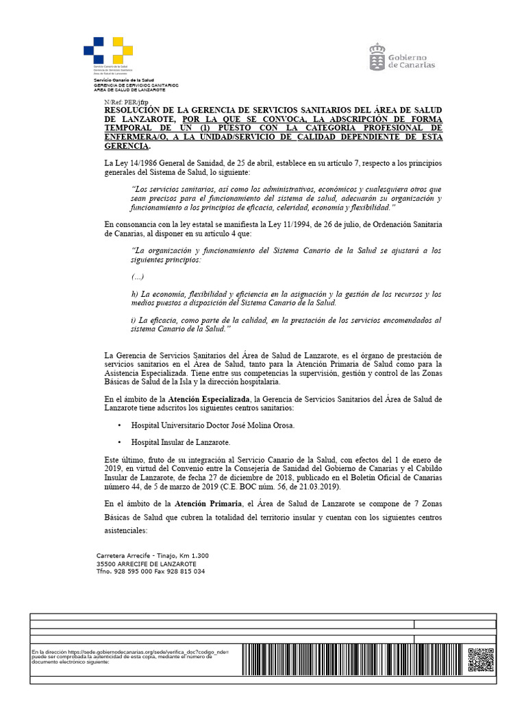 Conv 1 Puesto Enfermera Unidad Calidad | PDF