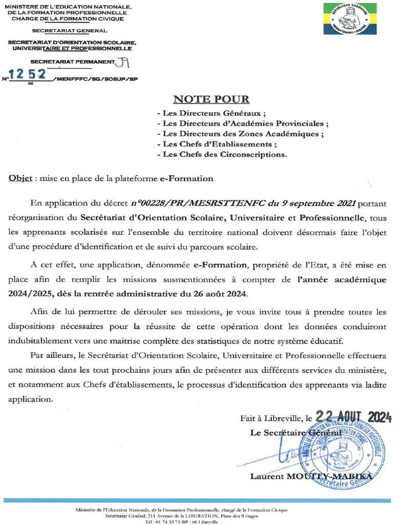 NOTE Pour Directeurs, DAP, DZA, Chefs D'etablis. Circonscriptions-Mise ...
