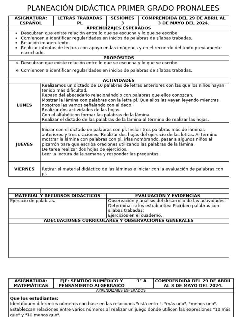 Planeación Pronalees Primer Grado Letra Trabada PL Semana 30 | PDF | Ciencia cognitiva ...