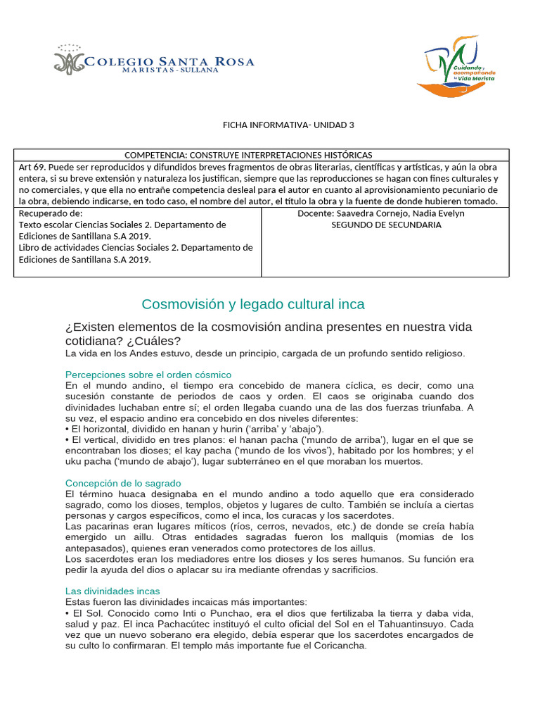 Ficha de Ccss 2do de Sec La Cosmovision Andina | PDF
