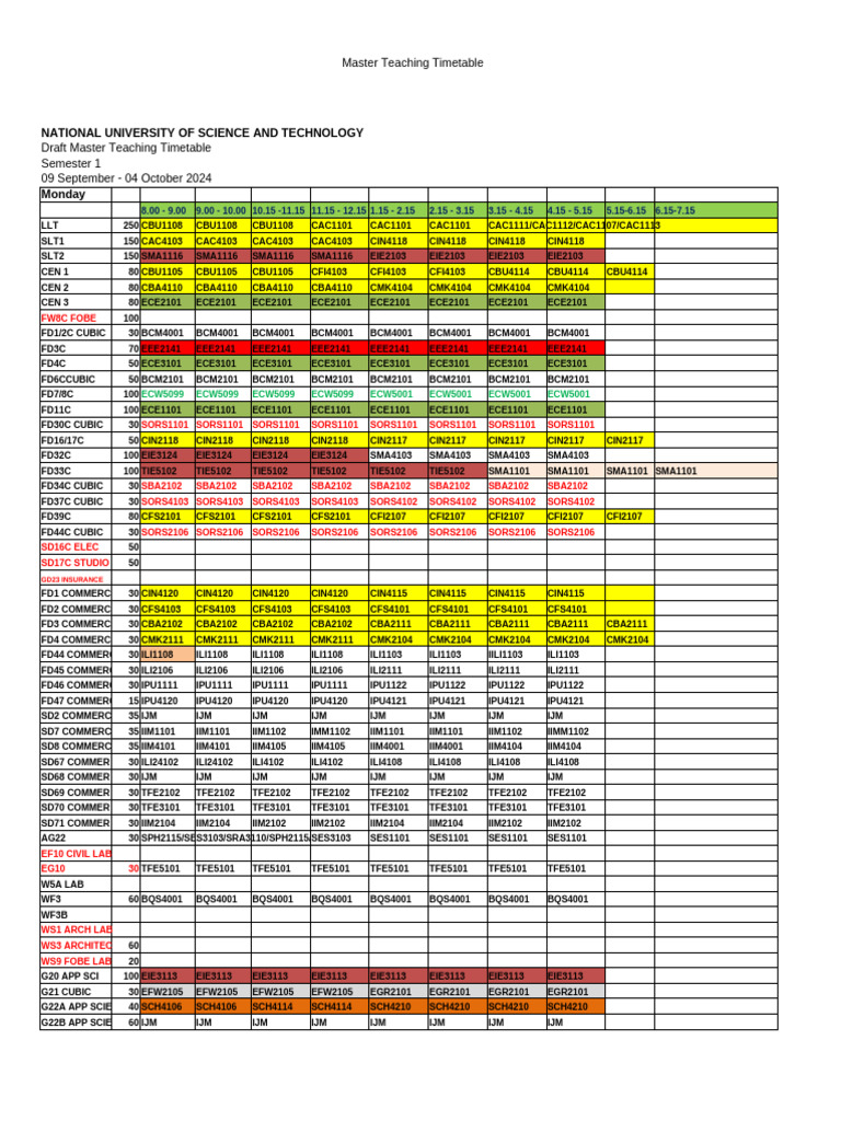 Draftl Master Teaching Timetable First Semester August Intake 2024 | PDF
