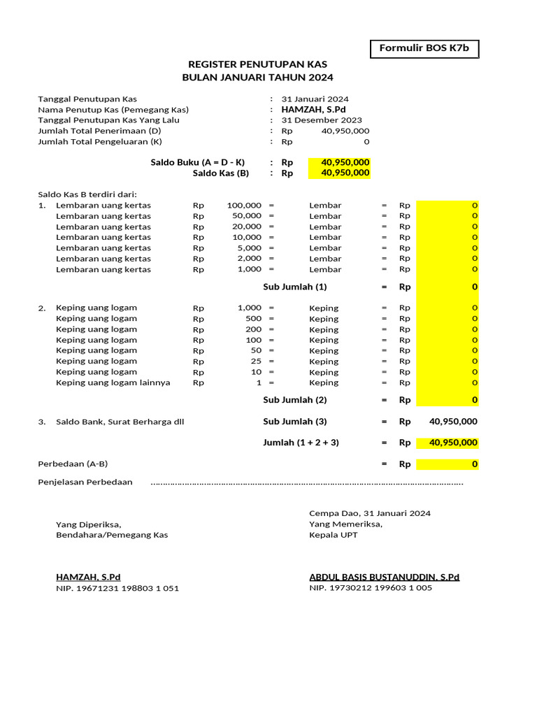 Register Penutupan Kas | PDF